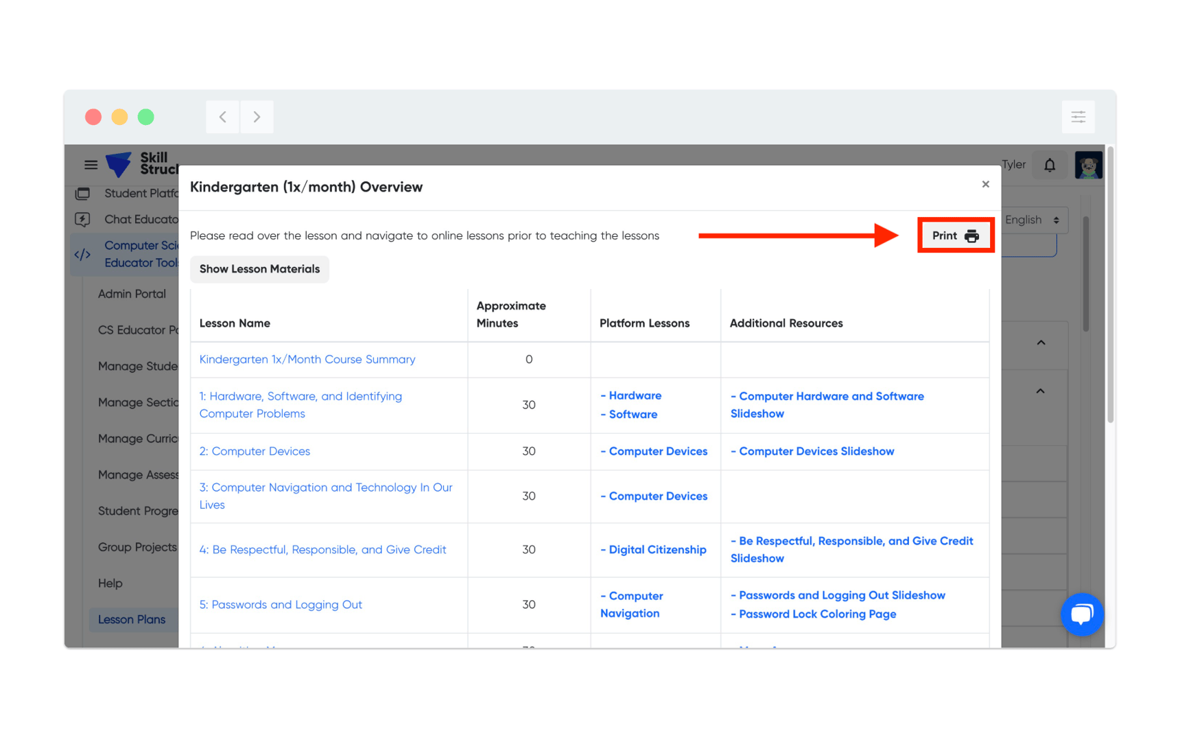 How to print the Overview of courses from the Educator Portal.