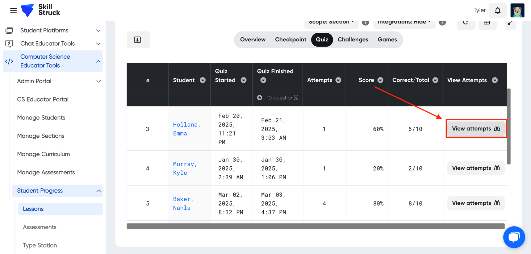 How to View All Quiz Attempts in the Student Progress Dashboard